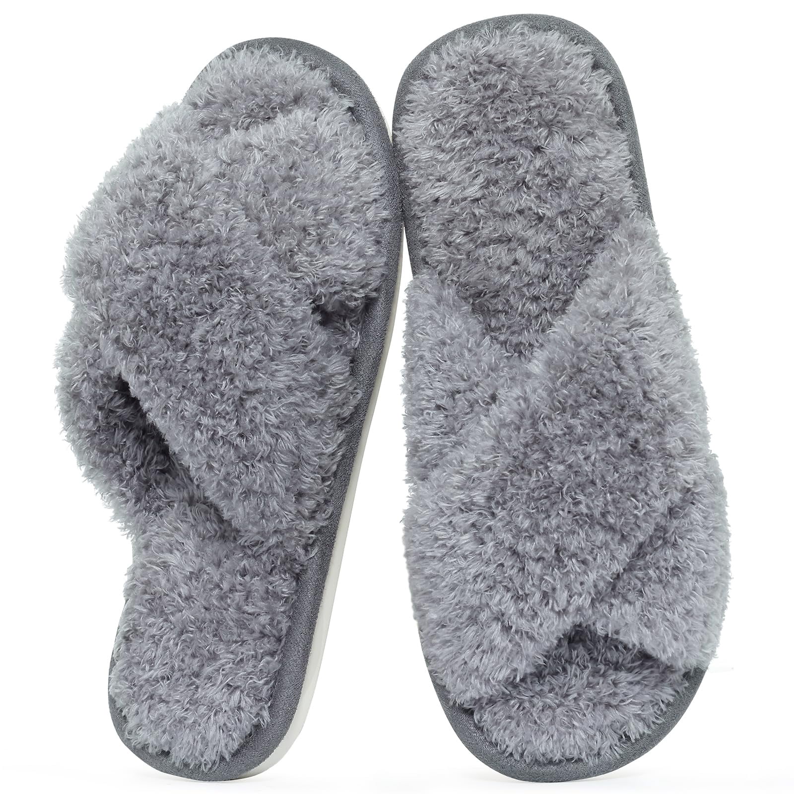 Comwarm Fuzzy Slide Slippers for Women, Cross Band Memory Foam Open Toe ...