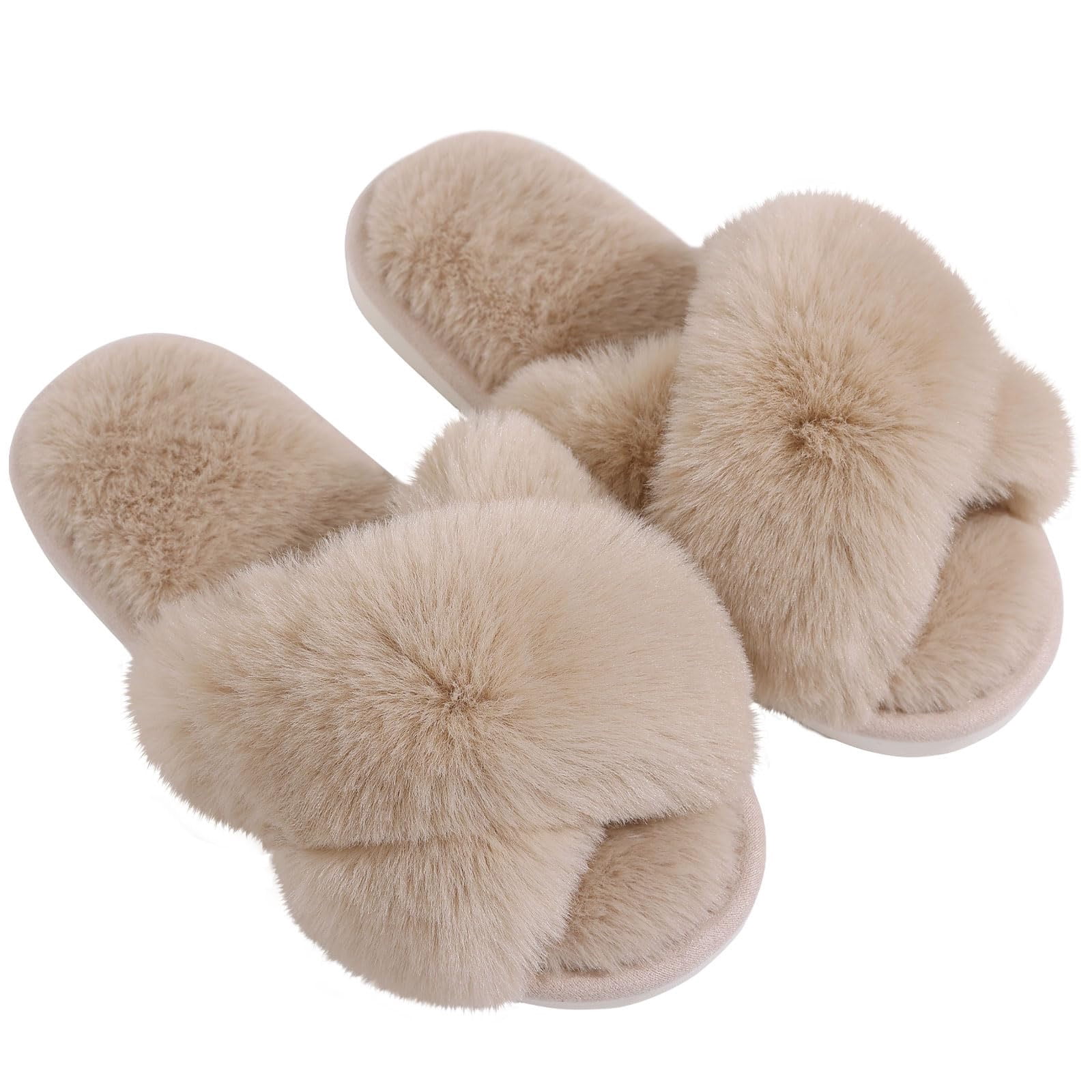Comwarm Women's Fuzzy Slippers Open Toe Cross Band Slippers Memory Foam ...