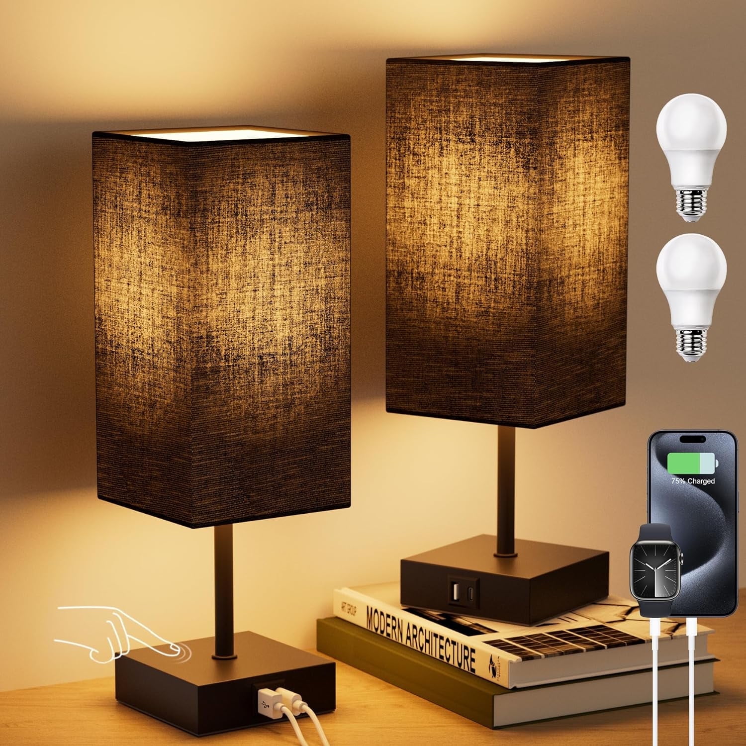 Comzler Table Lamp 2 Pack, 3-Way Dimmable Light Touch Lamp, USB C+A ...