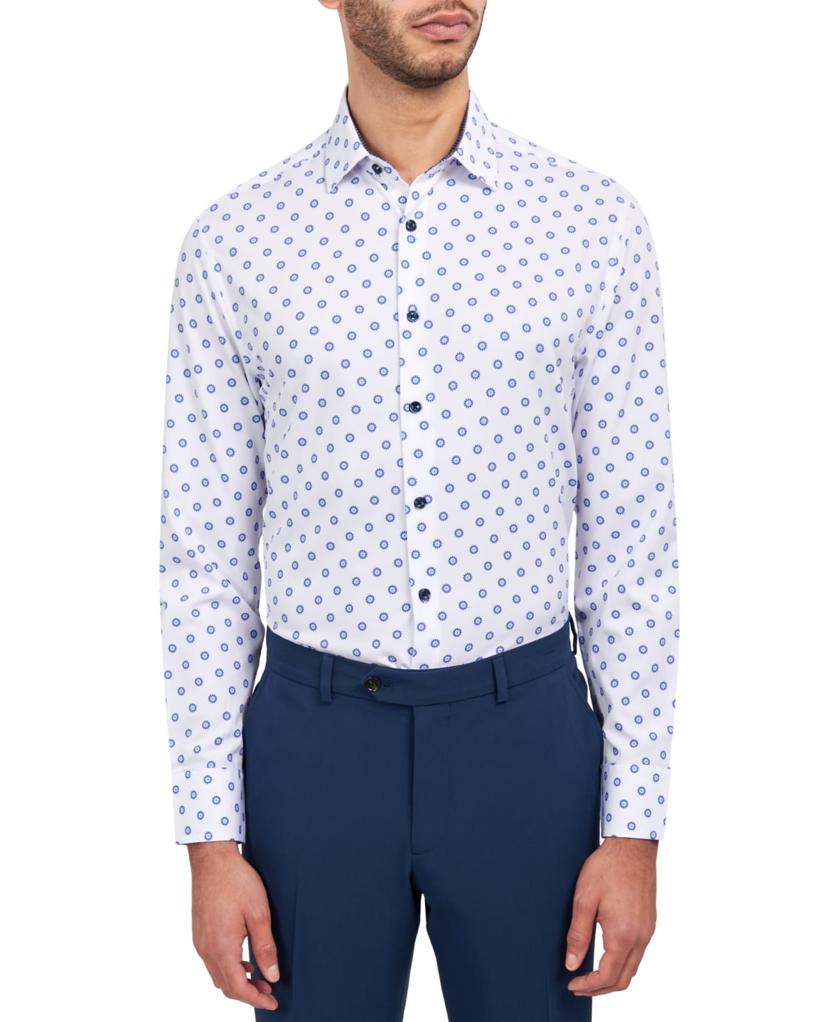 ConStruct Men's Slim-Fit Performance Medallion Dress Shirt White/Blue-14-14.5 32 - Walmart.com