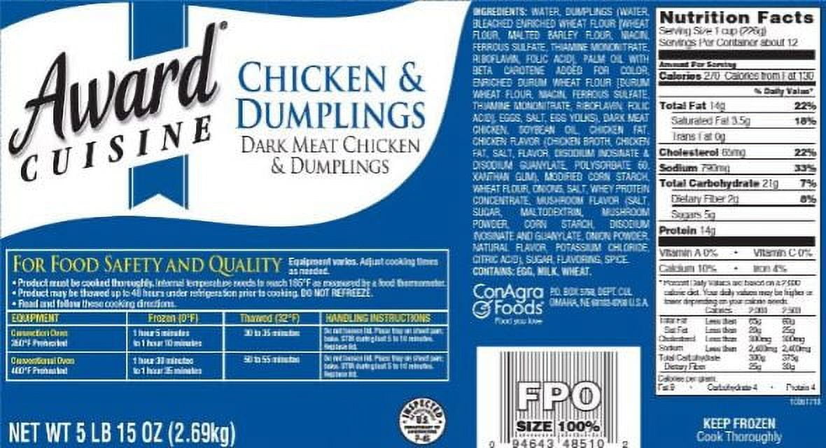 Conagra Award Cuisine Entree Chicken and Dumpling, 96 Ounce -- 4 per ...