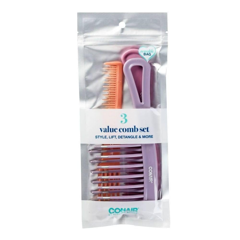 Conair Style, Lift, Detangle Value Hair Comb Set, Assorted Colors, 3 ...