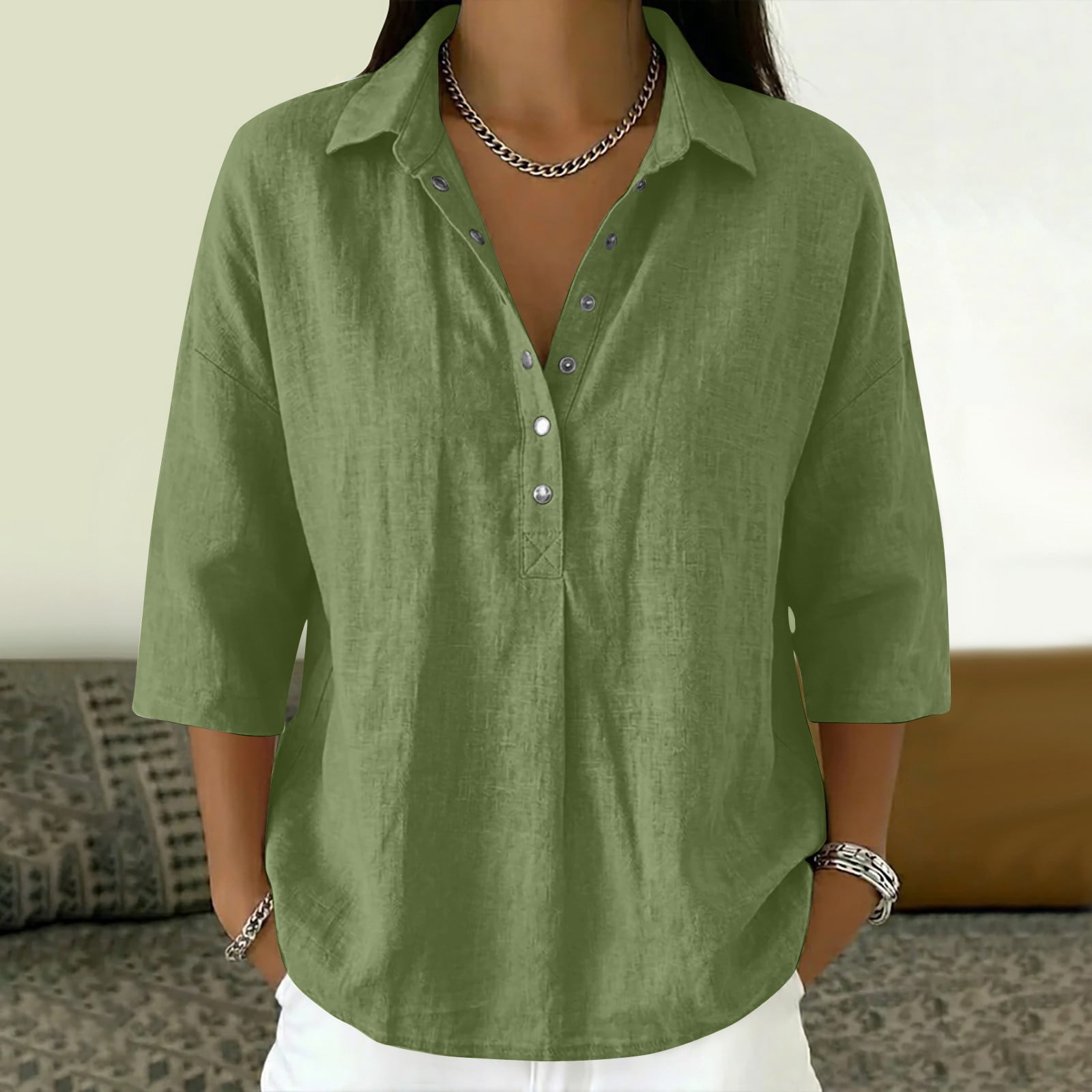 Conairie 3/4 Sleeve Shirts For Women Loose Solid Color V Neck T Shirts ...
