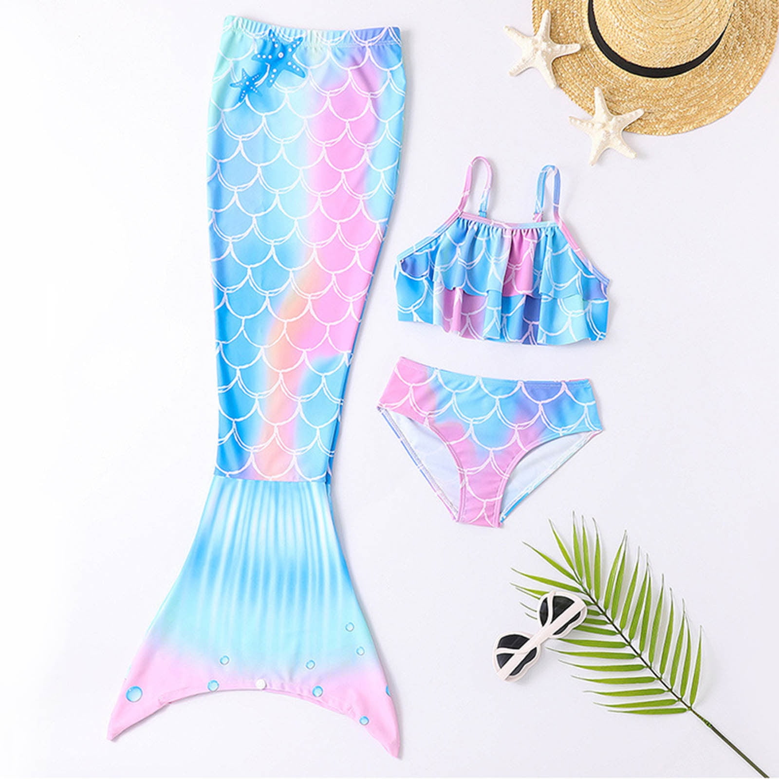 Conairie 3 Piece Girls Swimsuit Set Flounce Ruffle Bikini Top With ...