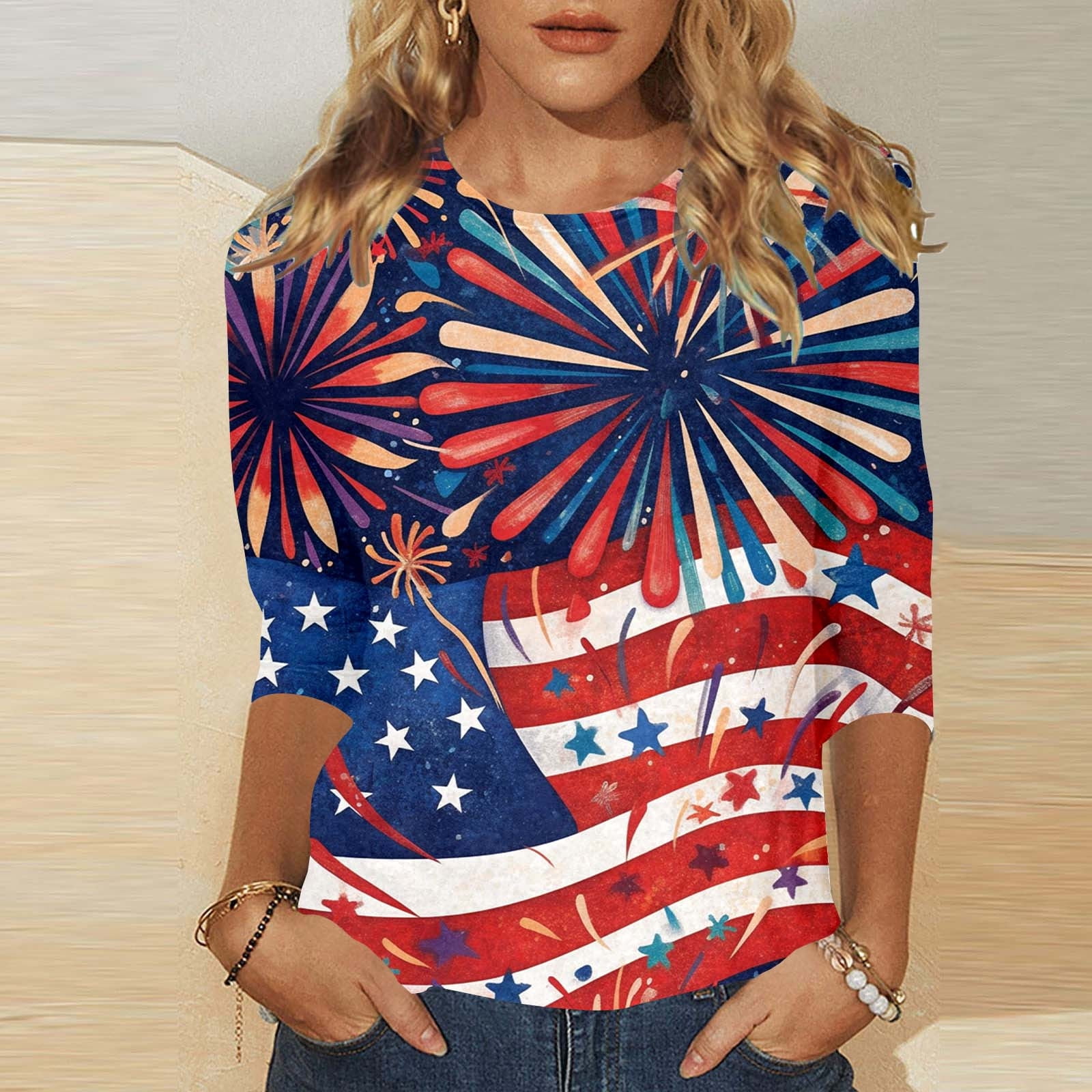 Conairie 4th of July Shirts Women American Falg Print Long Sleeve Crew ...