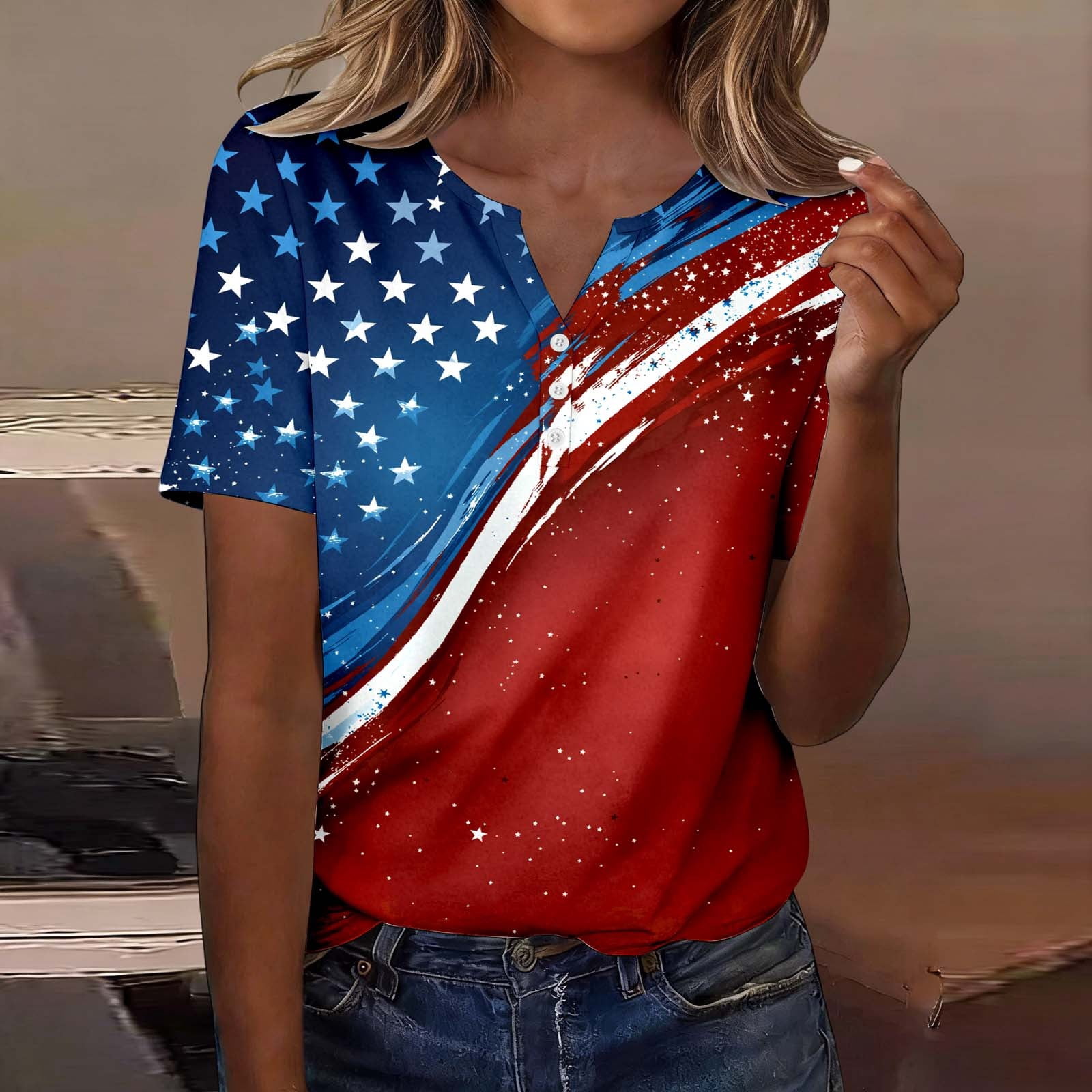 Conairie 4th of July T Shirt Womens Loose Short Sleeve V Neck Patriotic ...