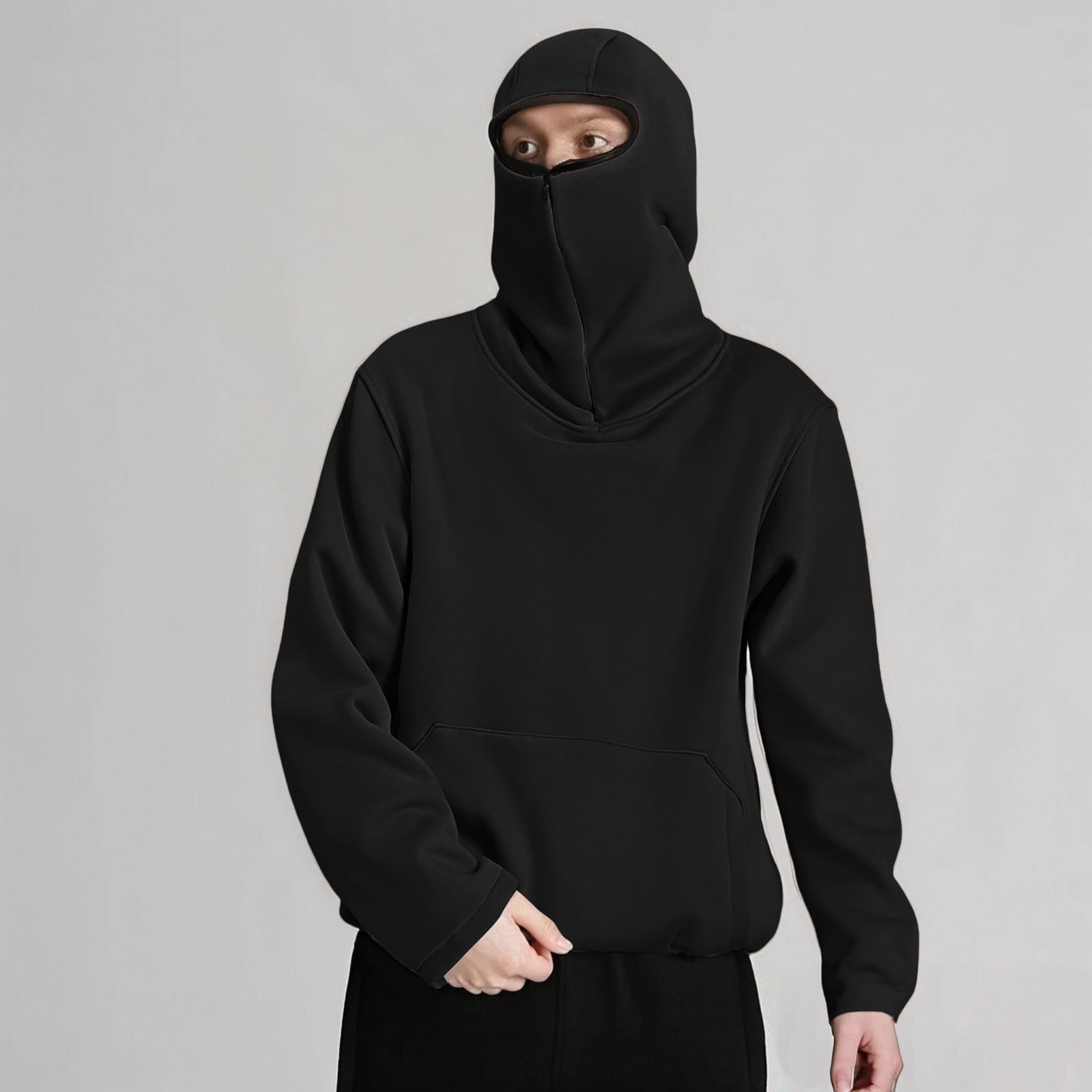 Conairie Balaclava Hoodie Men Solid Half Zip Windproof Ninja Sweatshirt ...