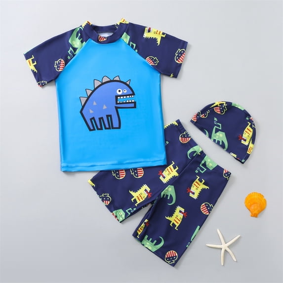 Conairie Boys 3 Piece Swimsuit Stretch Rash Guard Short Sleeve Top And ...