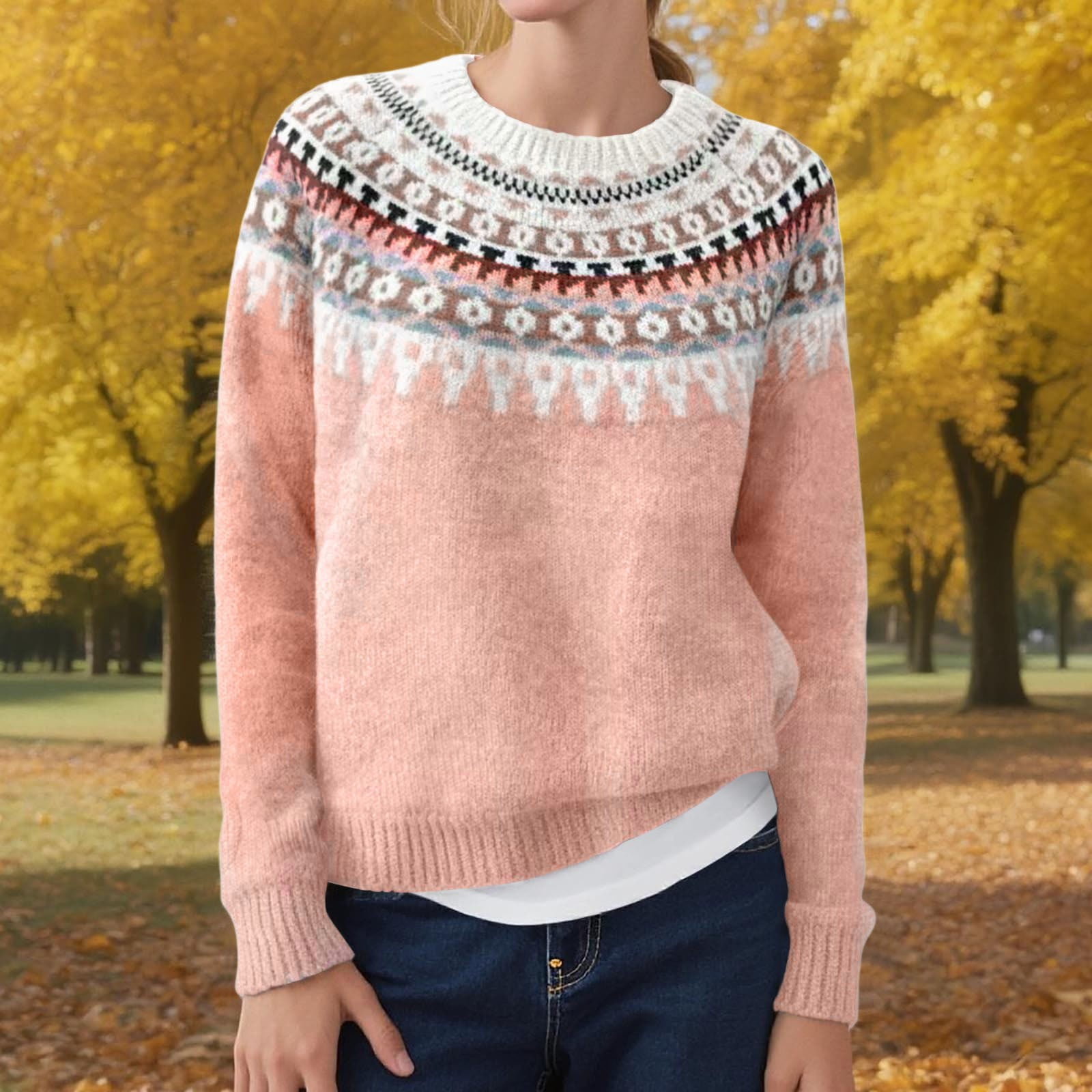 Conairie Fair Isle Sweater for Women Round Neck Sweater Striped Design ...