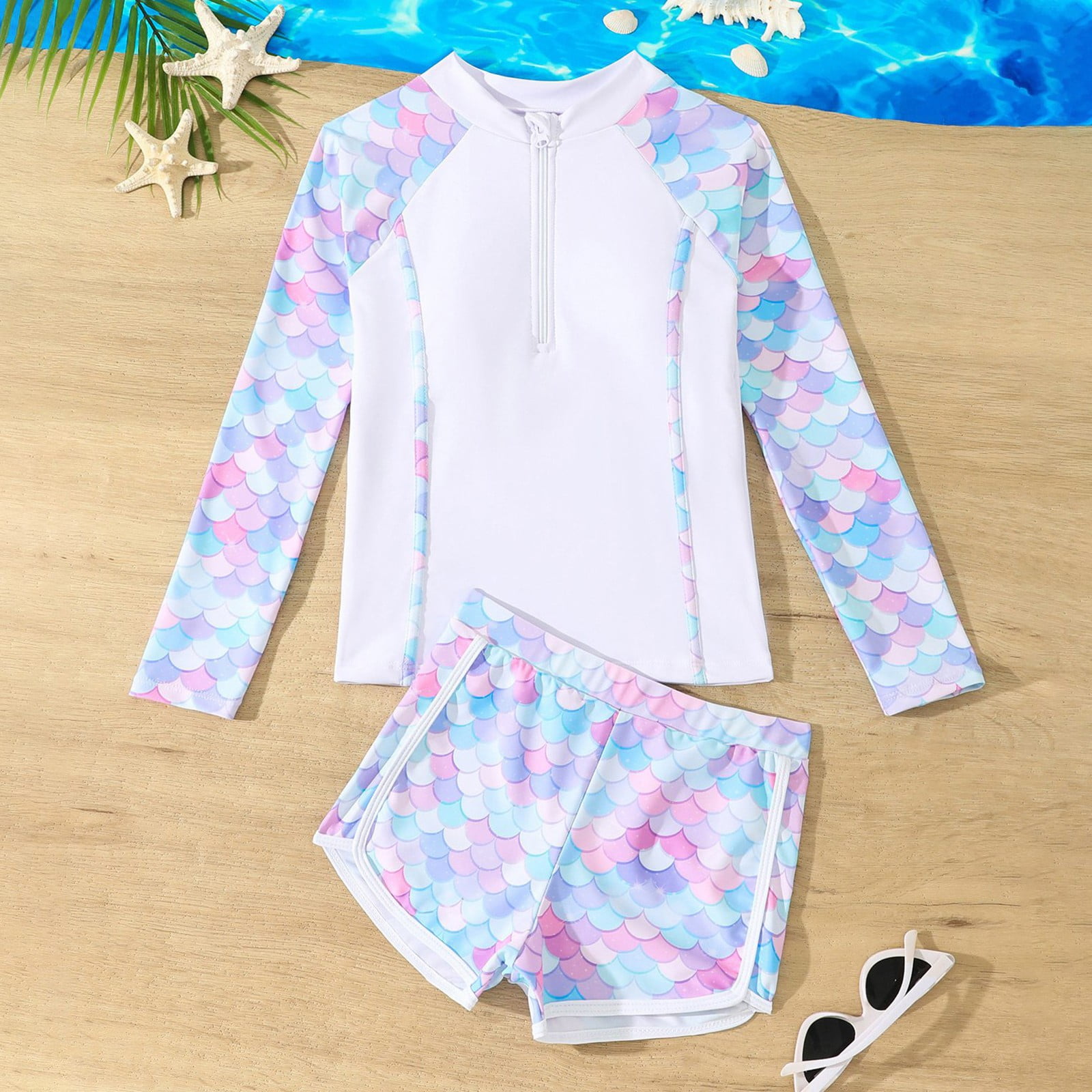 Conairie Girl Swimsuit Set Two Piece Rash Guard Long Sleeve Bathing ...