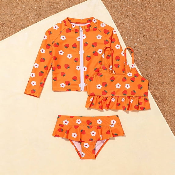 Conairie Girls Swimsuit Set 3 Piece Rash Guard Long Sleeves Zipper Kids ...