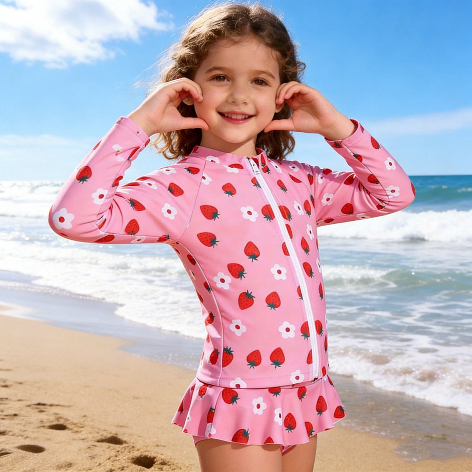 Conairie Girls Swimsuit Set 3 Piece Rash Guard Long Sleeves Zipper Kids ...