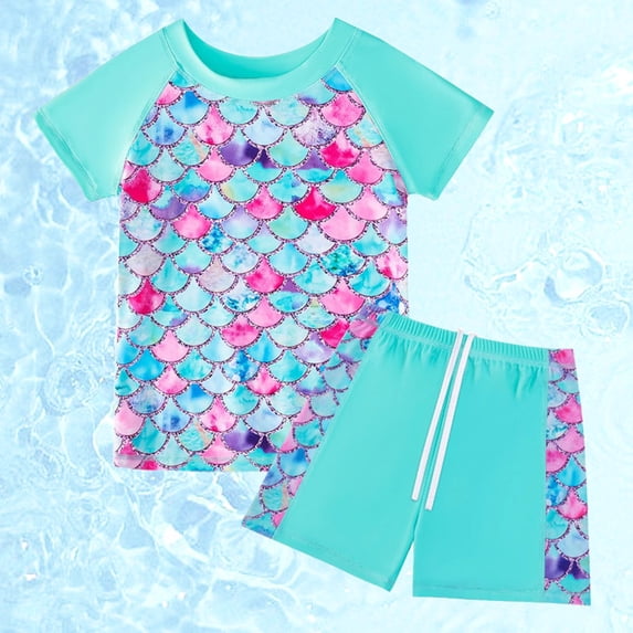 Conairie Girls Swimsuit Set Two Piece Rash Guard Short Sleeve Bathing ...
