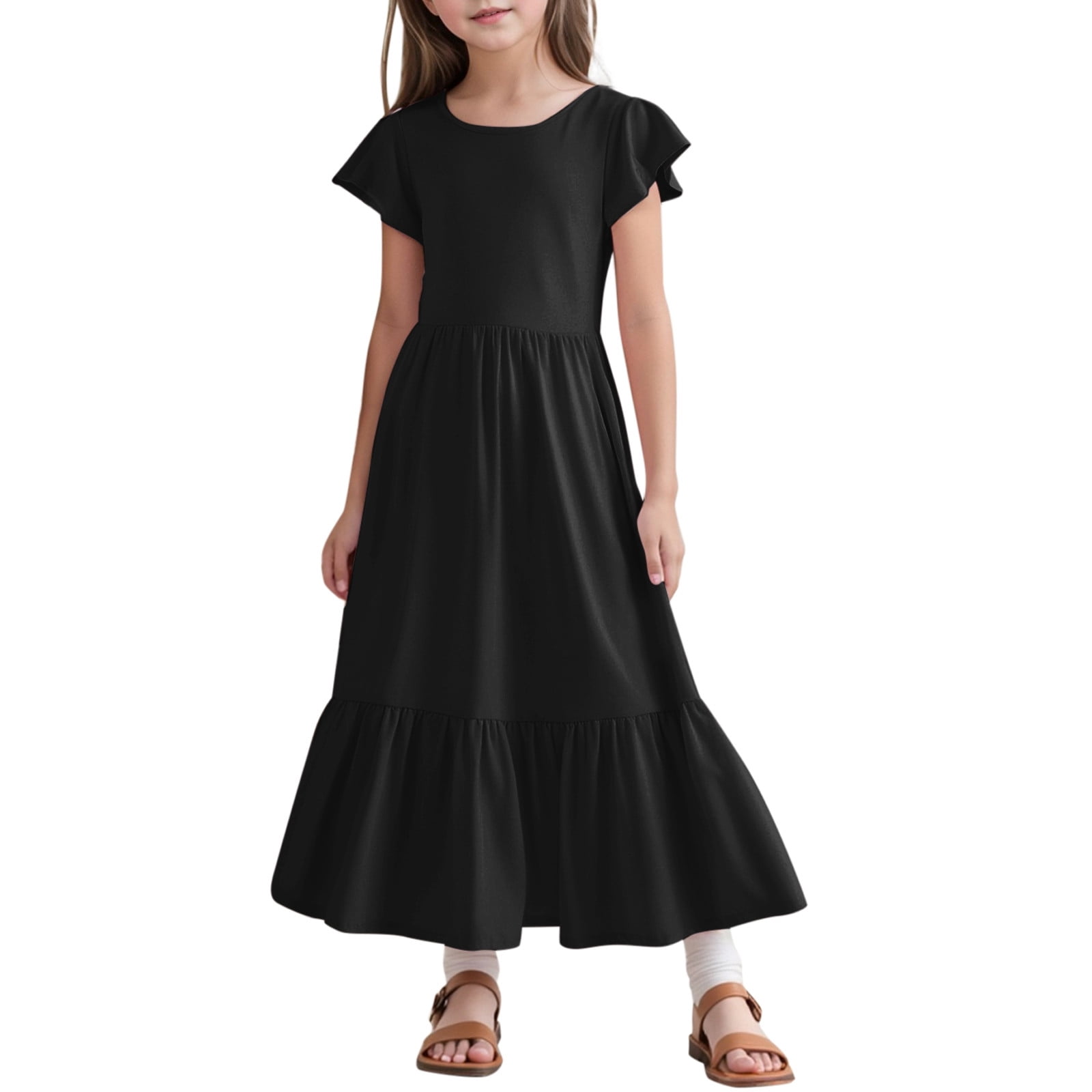 Conairie Girls Tiered Maxi Dress with Pockets Short Sleeve Crew Neck ...