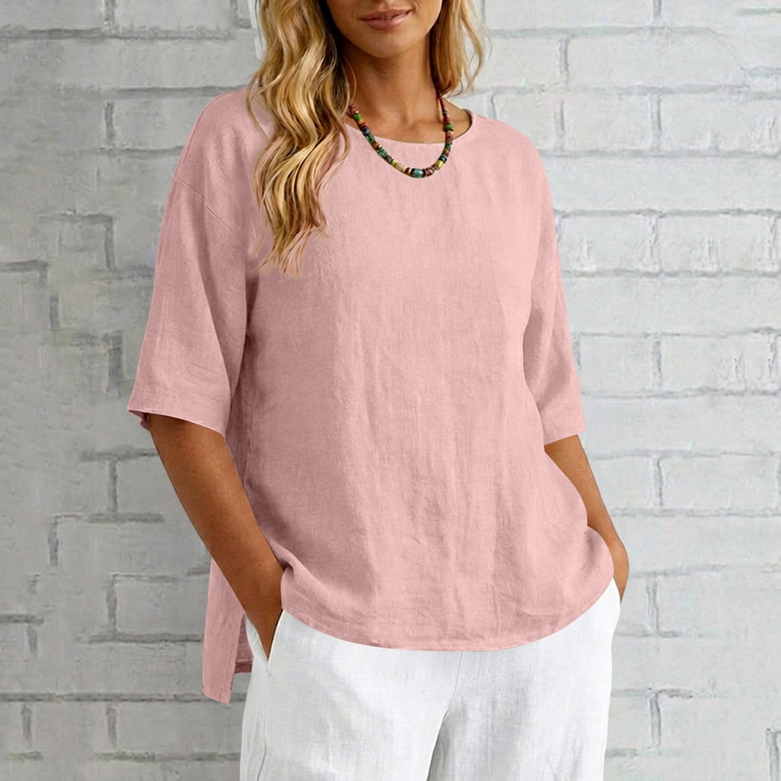 Conairie Half Sleeve Tops For Women Loose Solid Color Elbow Length Crew ...