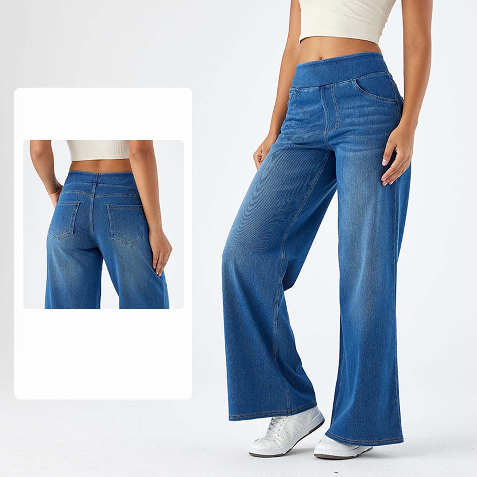 Conairie High Waisted Jeans for Women Casual Pull on Elastic Waist Wide ...