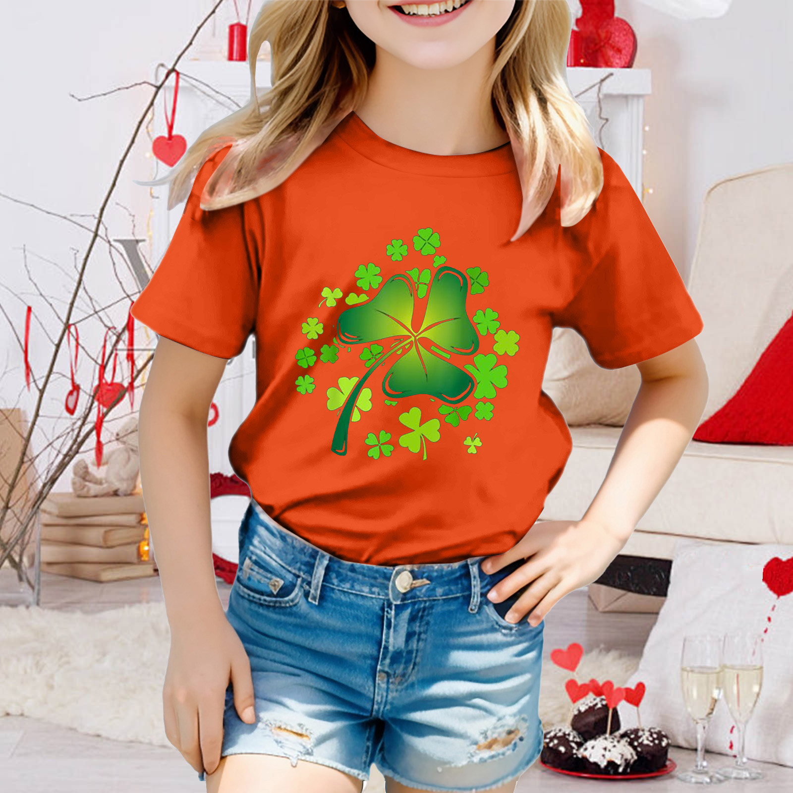Conairie Holiday Shirts for Girl Clover Printed Crew Neck Casual Short ...