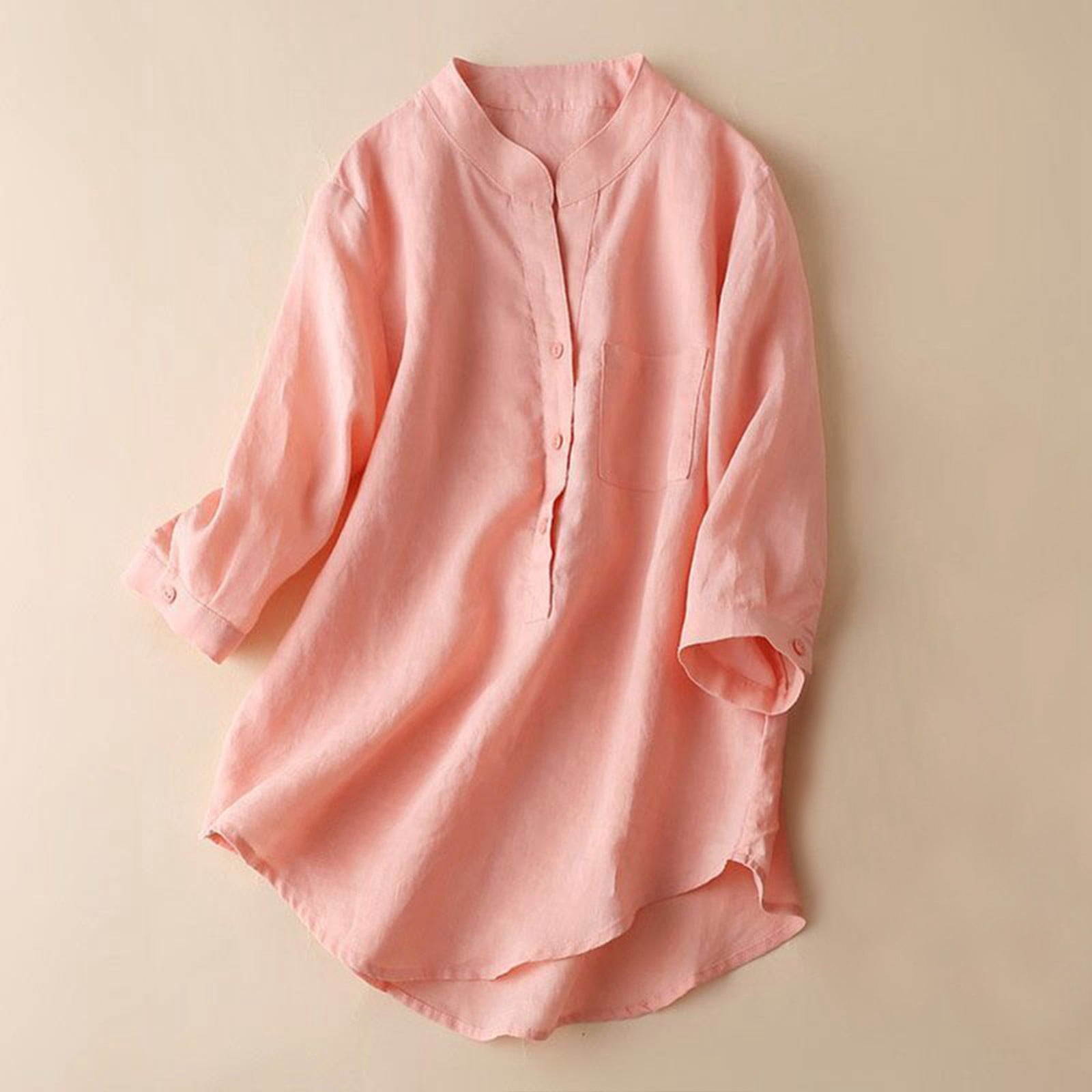 Conairie Linen Shirts for Women 3/4 Sleeve Mandarin Collar Tee Simple ...