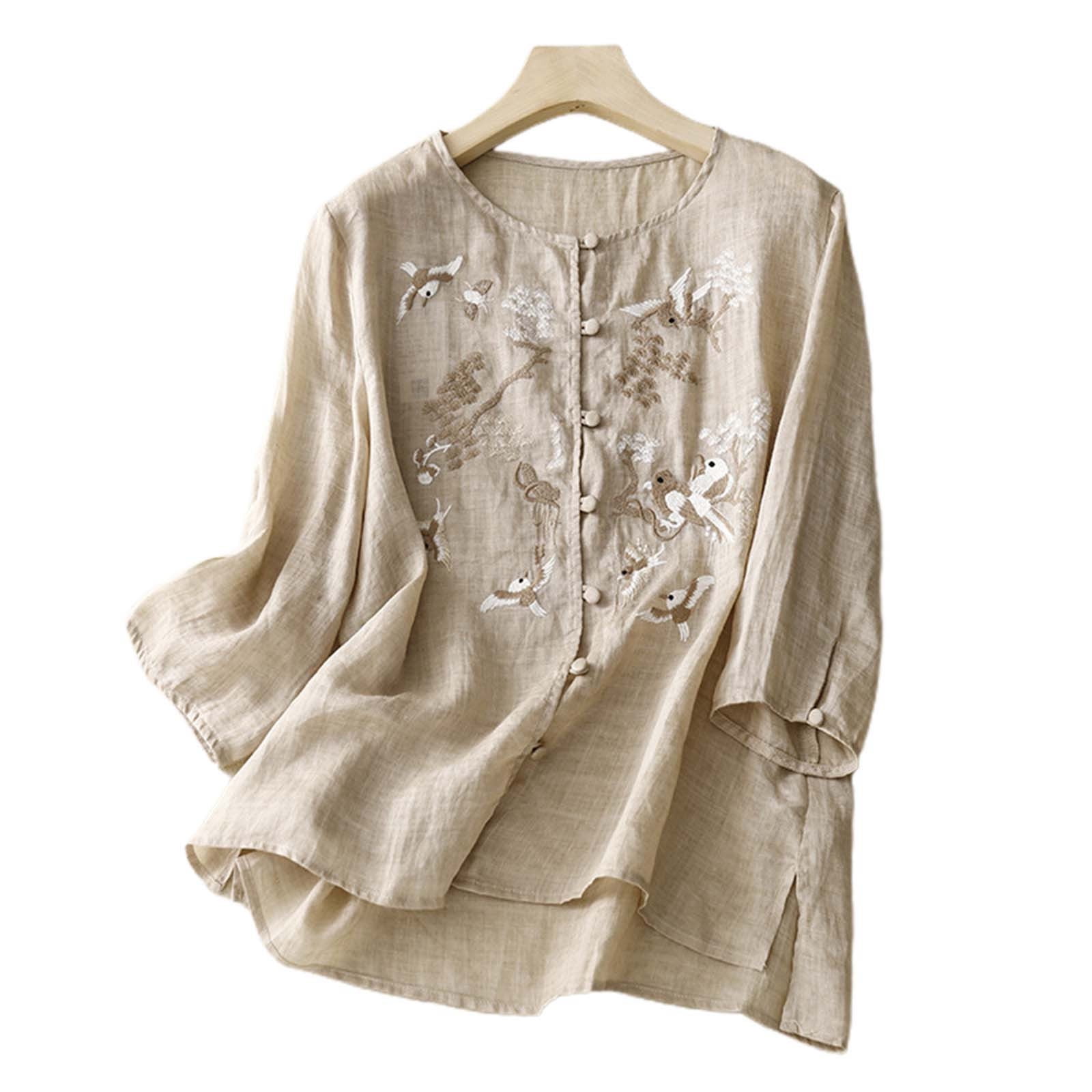Conairie Linen Shirts for Women Half Sleeve Crew Neck Tee Embroidery ...