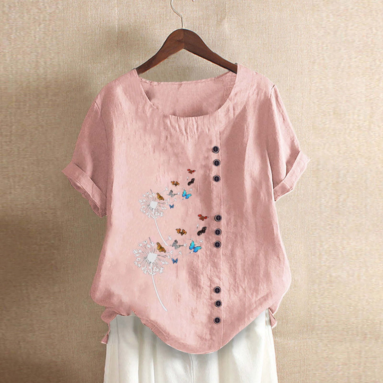 Conairie Linen Shirts for Women Short Sleeve Crew Neck Tee Dandelion ...