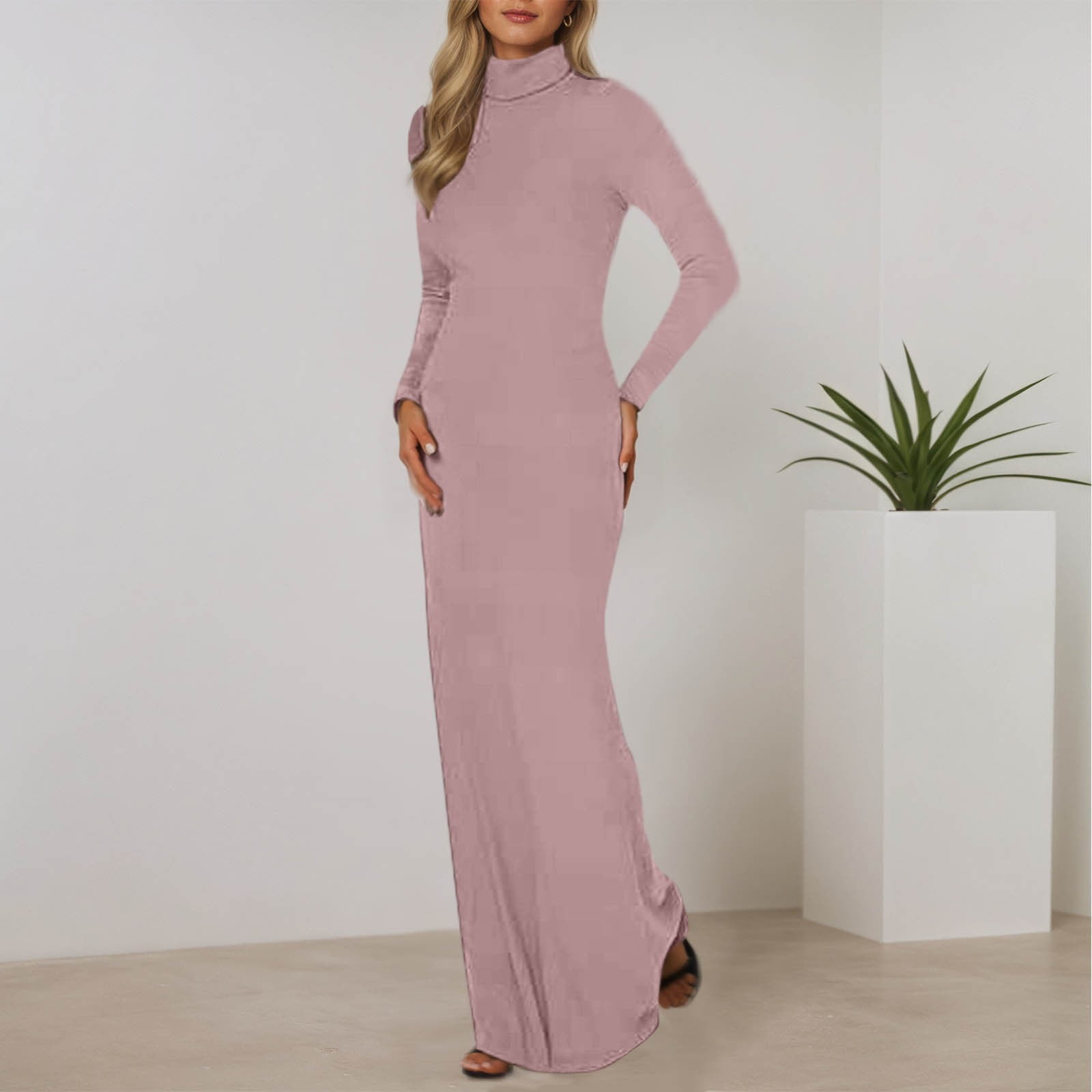 Conairie Maxi Dresses for Women Solid Color Crew Neck Slim Elegant Long ...