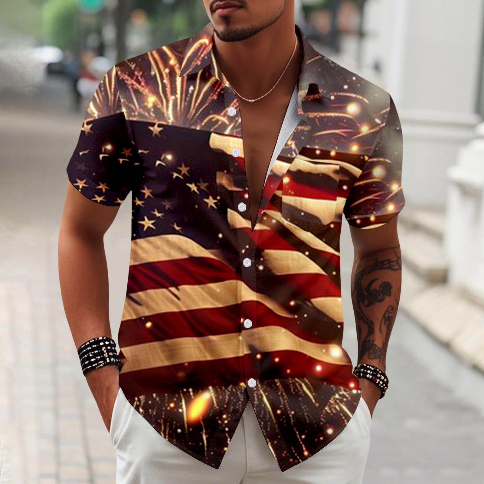 Conairie Men 4th of July Shirt Loose Button Down Collared Short Sleeve ...