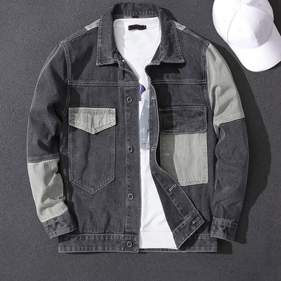 Conairie Men Jean Jacket Patchwork Distressed Long Sleeved Denim Jacket ...
