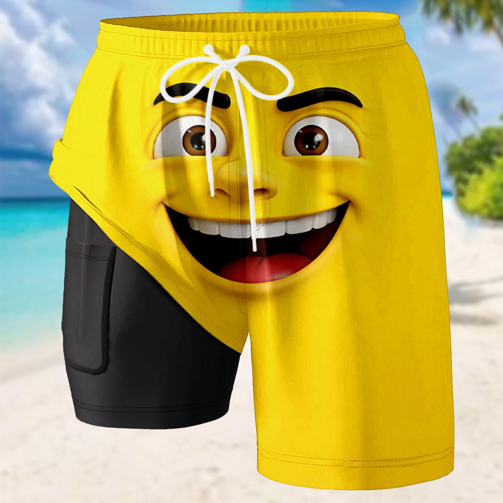 Conairie Men Swim Trunks Funny Expression Print Elastic Waist Quick Dry ...