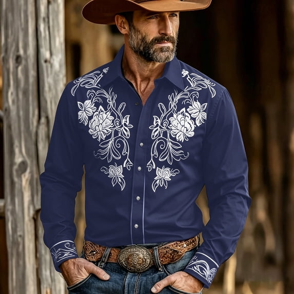 Conairie Men Western Shirts Embroidered Cowboy Button Collar Long ...