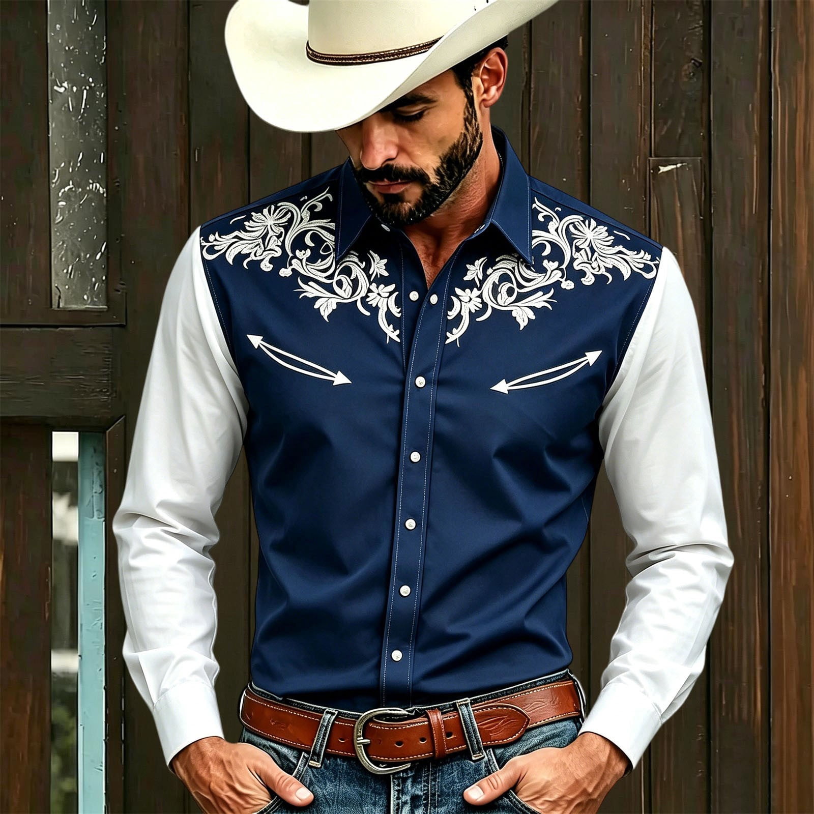 Conairie Men Western Shirts Embroidered Cowboy Long Sleeve Button ...