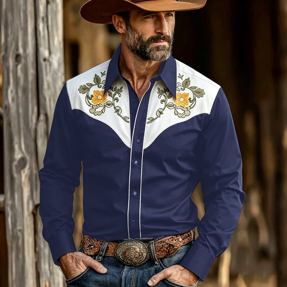 Conairie Men Western Shirts Embroidered Cowboy Long Sleeve Button ...