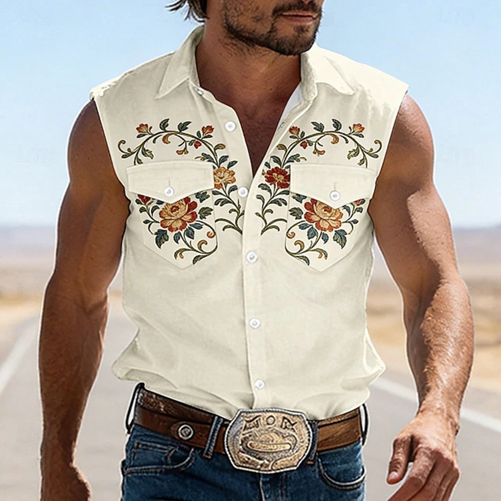 Conairie Men Western Shirts Embroidered Cowboy Sleeveless Button Collar ...