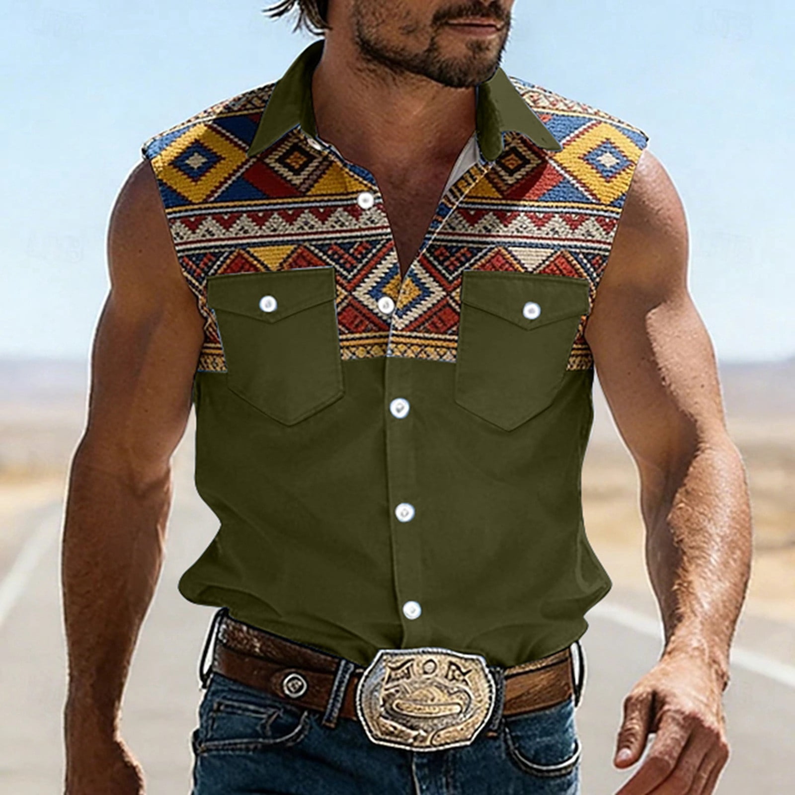 Conairie Men Western Shirts Embroidered Cowboy Sleeveless Button Collar ...