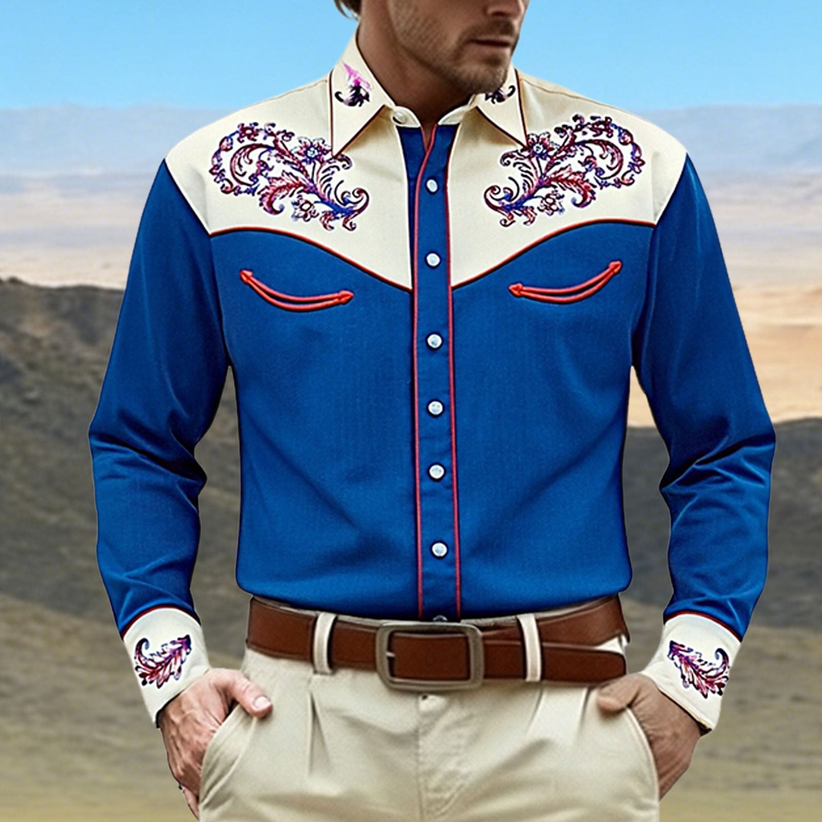 Conairie Men Western Shirts Long Sleeve Button Collar Embroidered ...