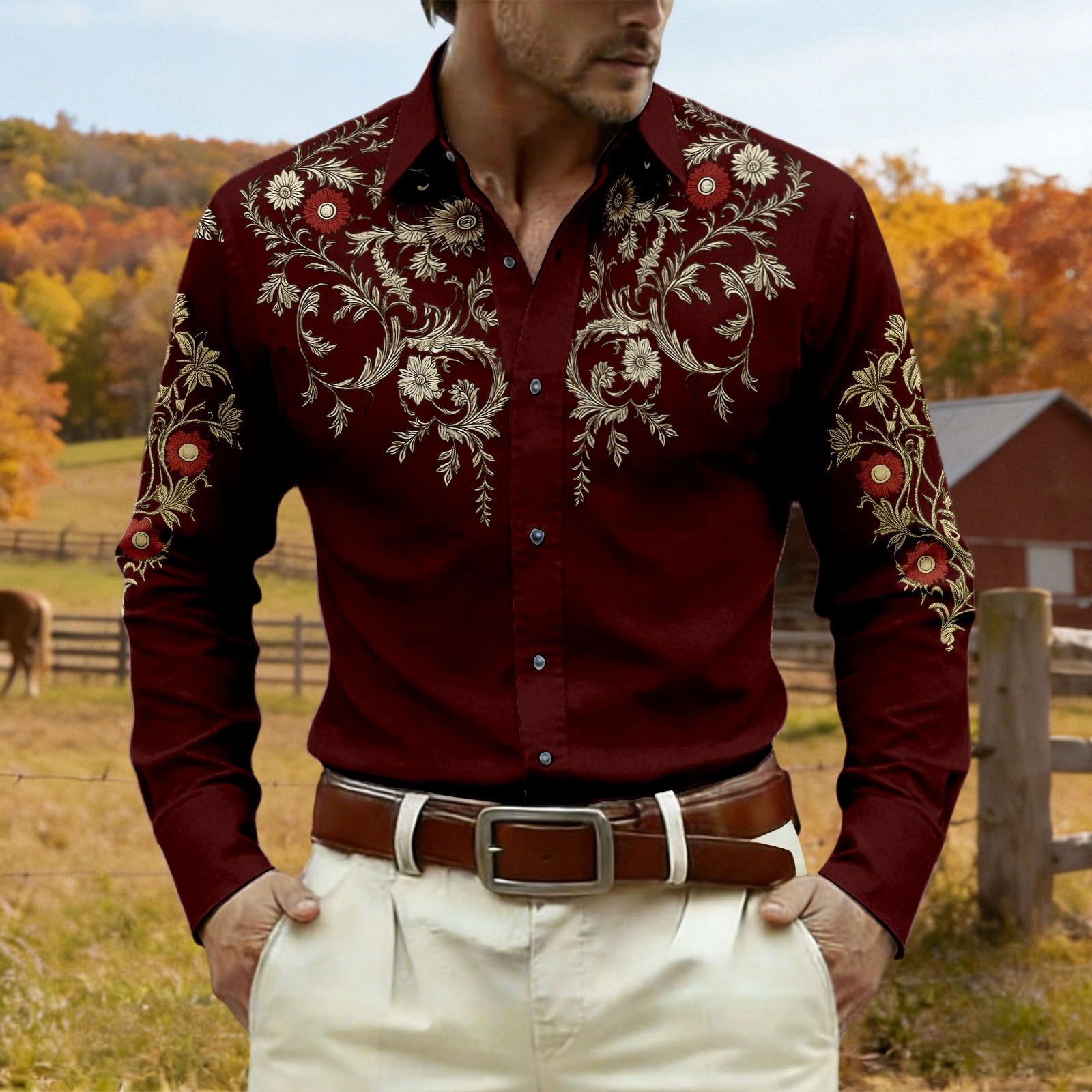 Conairie Mens Western Shirts Cowboy Embroidered Button Collar Long ...