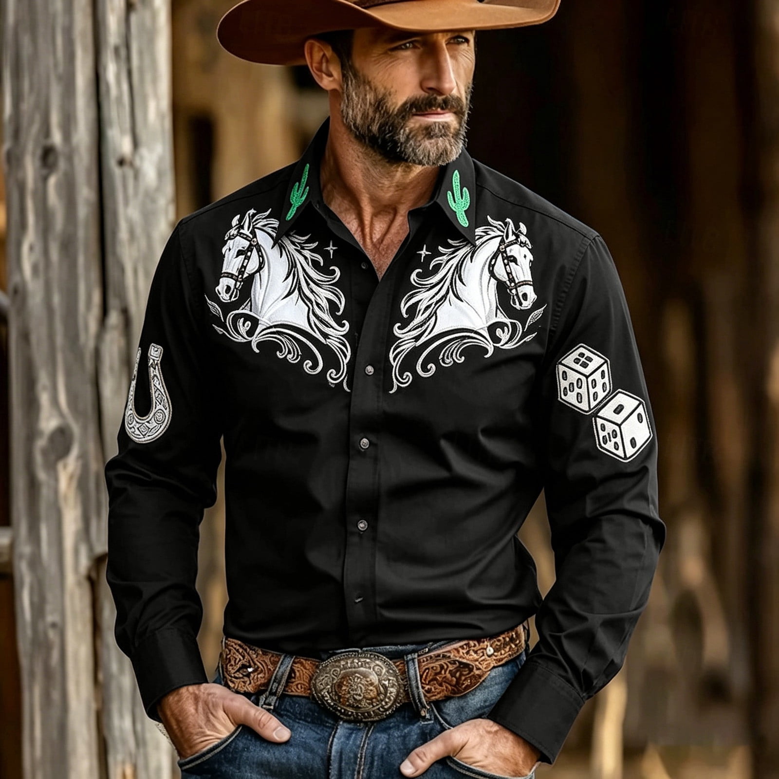 Conairie Mens Western Shirts Cowboy Embroidered Button Collar Long ...