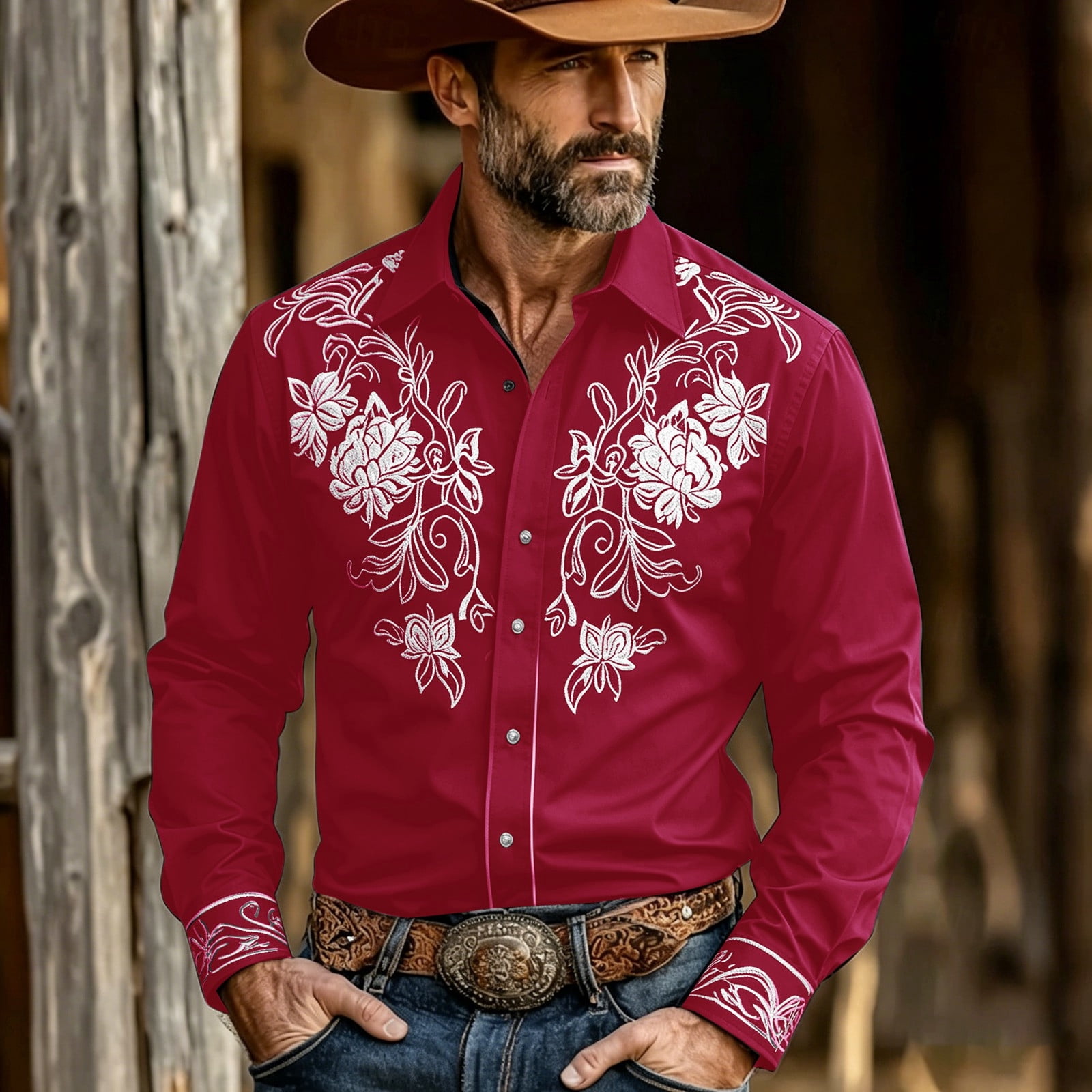Conairie Mens Western Shirts Embroidered Cowboy Button Collar Long ...
