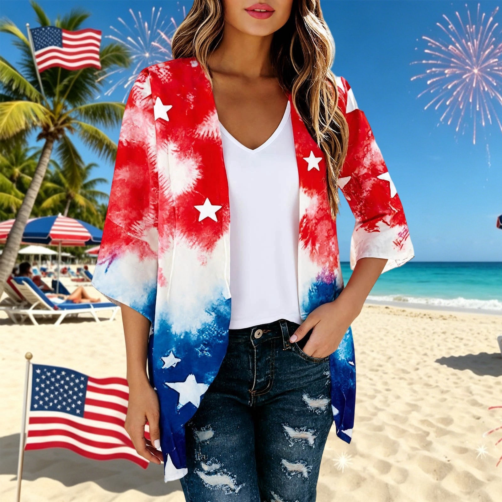 Conairie Summer Cardigan For Women Short Sleeve American Flag Print ...