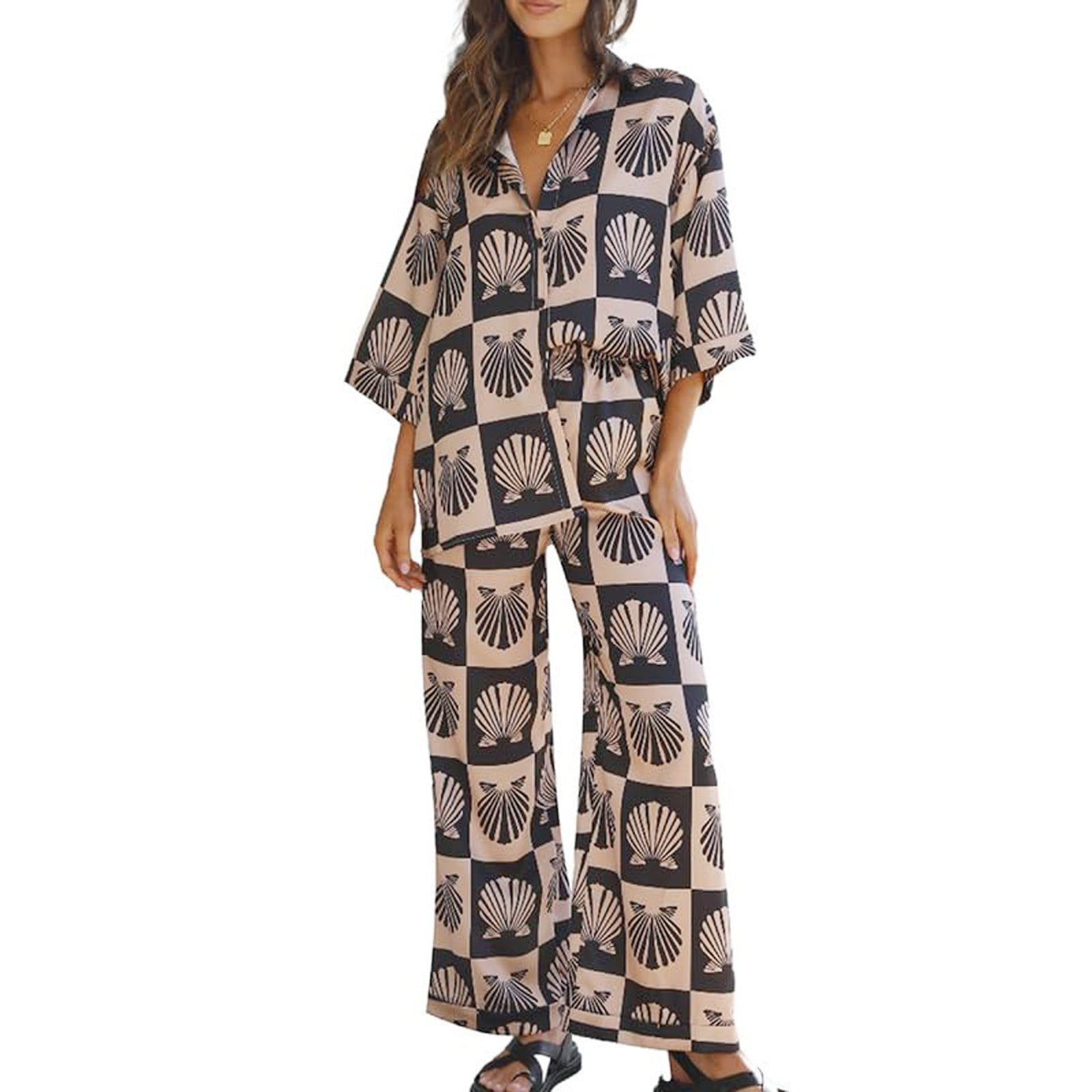 Conairie Summer Pajamas for Women Set Graphic Button Collar Top and ...
