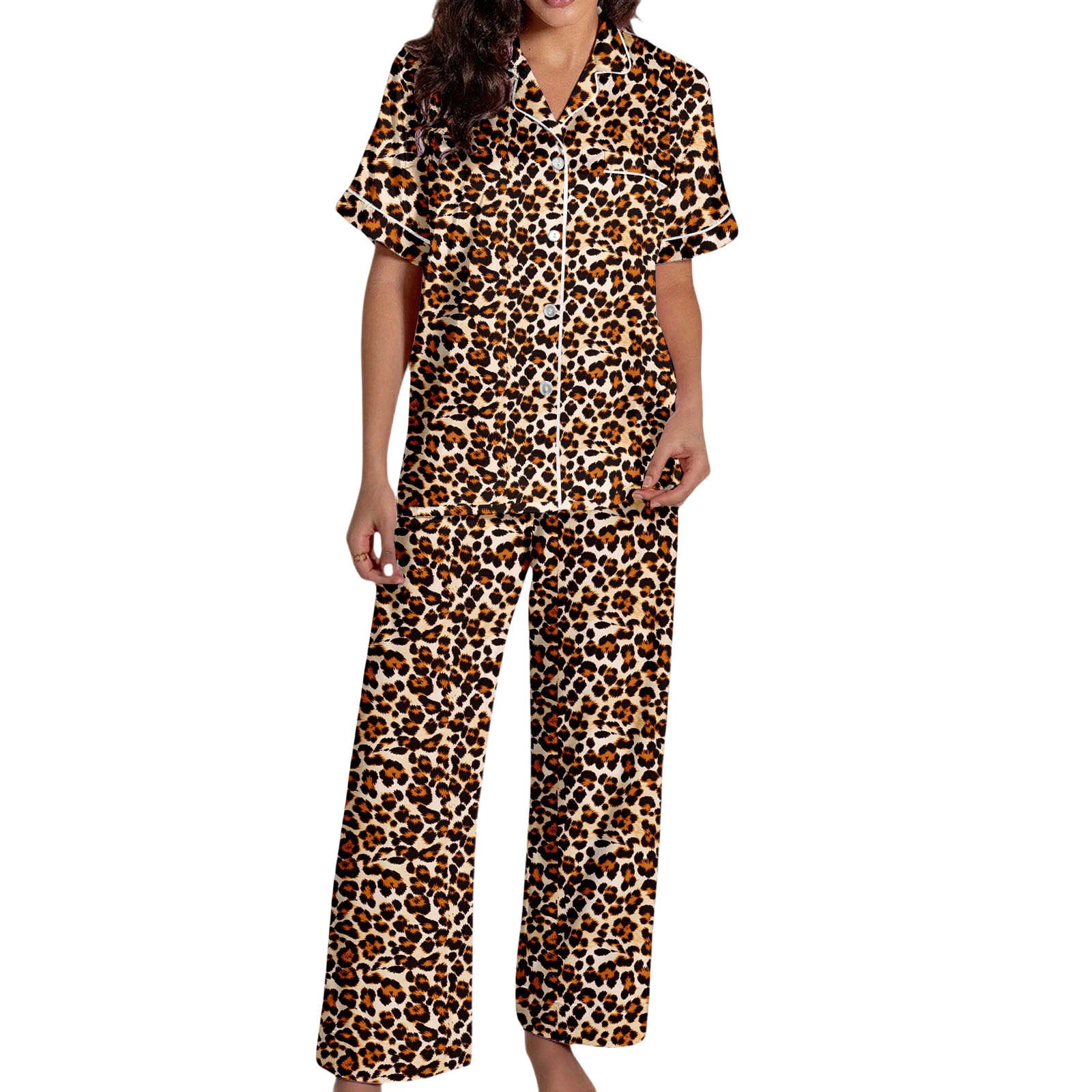 Conairie Summer Pajamas for Women Set Leopard Print Button Collar Top ...