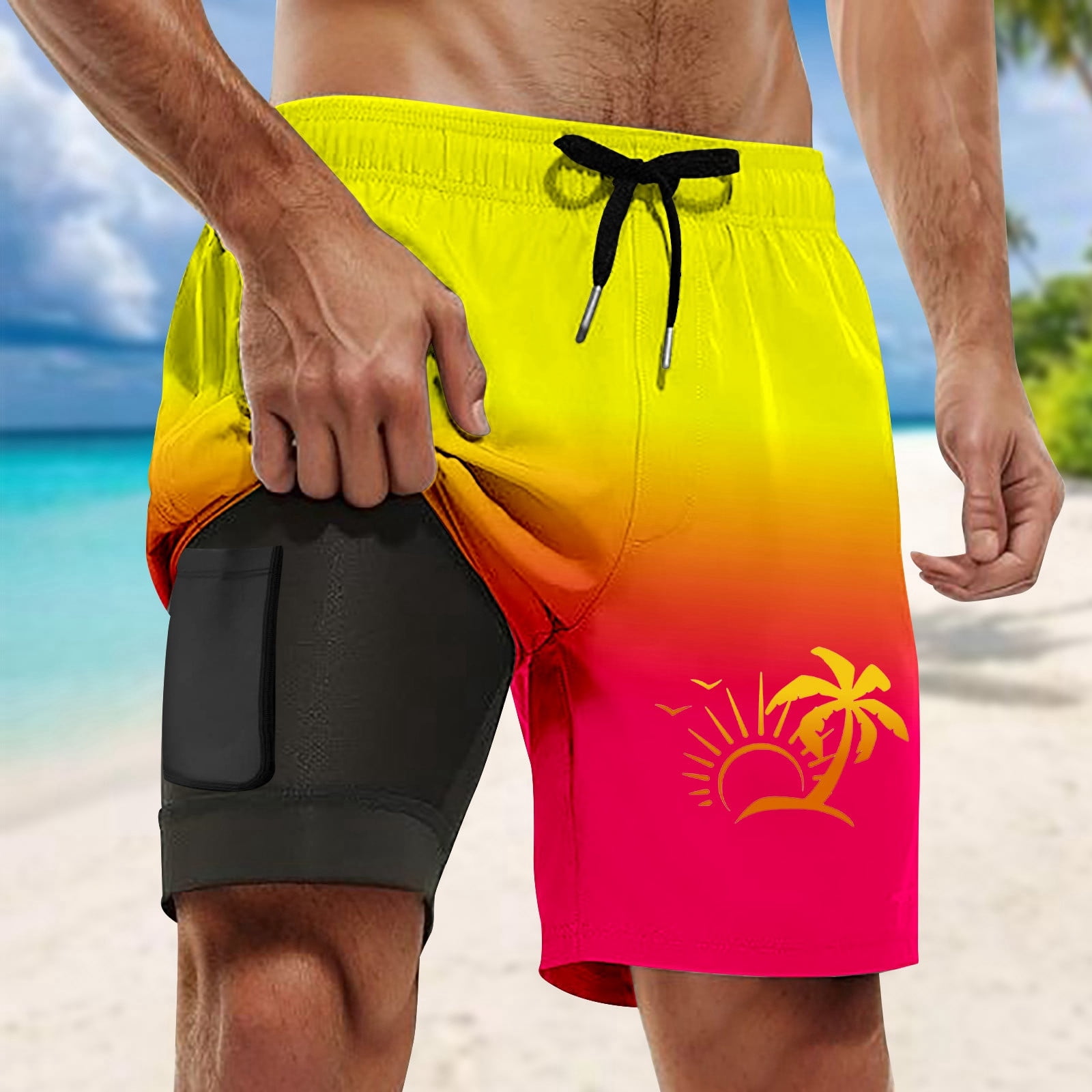 Conairie Swim Trunks Men Color Block Elastic Waist Quick Dry Liner ...