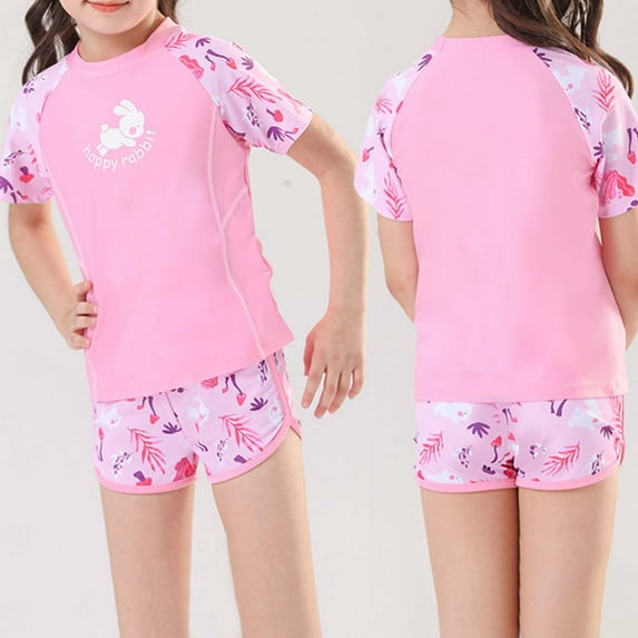 Conairie Two Piece Girls Swimsuit Set Short Sleeve Rash Guard Bathing ...