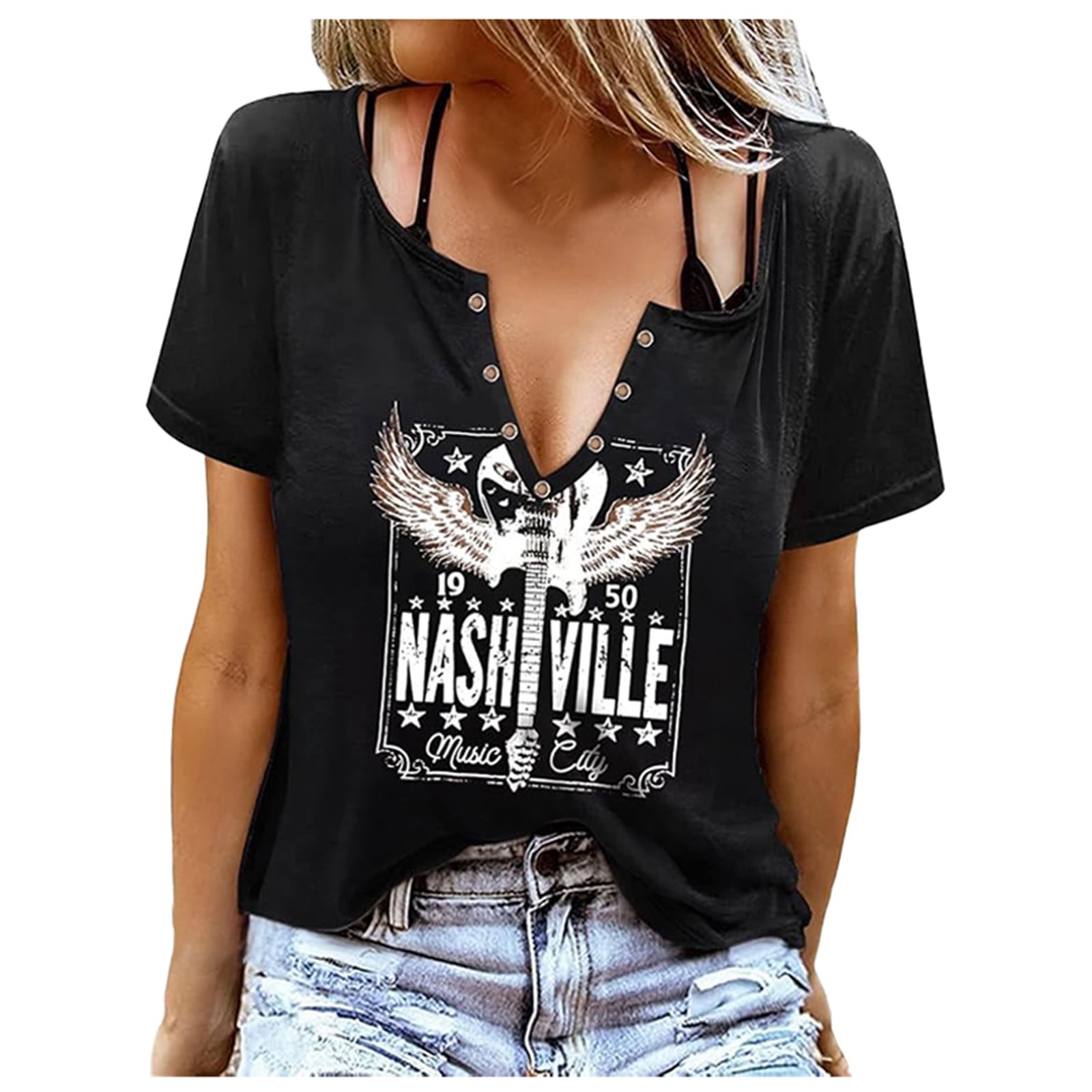 Conairie V Neck T Shirts For Womens Relaxed Fit Letter Print Short ...