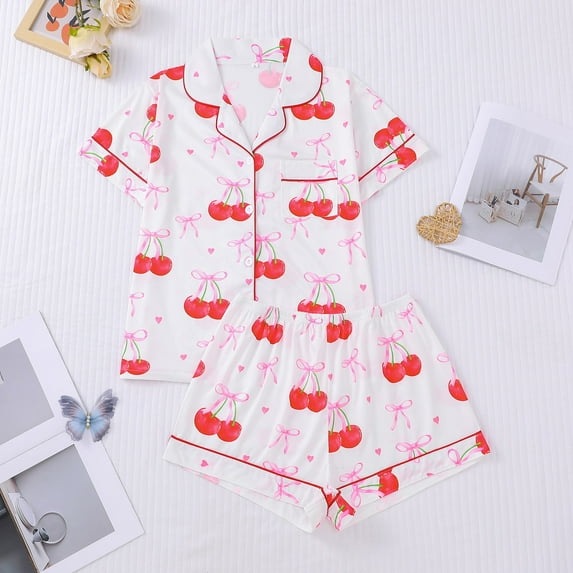 Conairie Valentine Pajamas Women Cherry Print Cozy Button Down Shirt ...