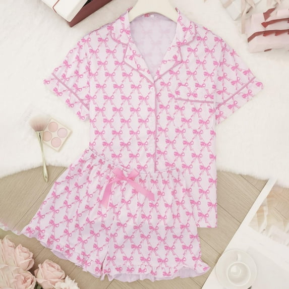 Conairie Valentines Day Pajamas Women Bow Print Casual Button Down ...