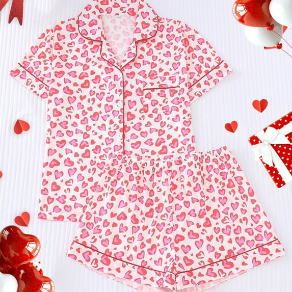 Conairie Valentines Day Pajamas Women Heart Print Button Down Shirt And ...