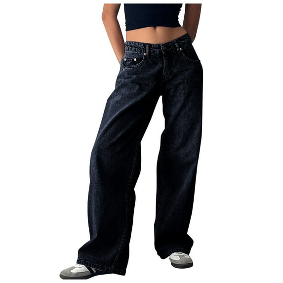 Conairie Wide Leg Jeans Woman Solid Color Retro Low Waist Washed ...