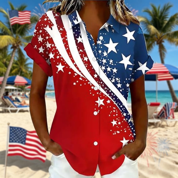 Conairie Women 4th of July Shirt Loose Short Sleeve Button Down ...