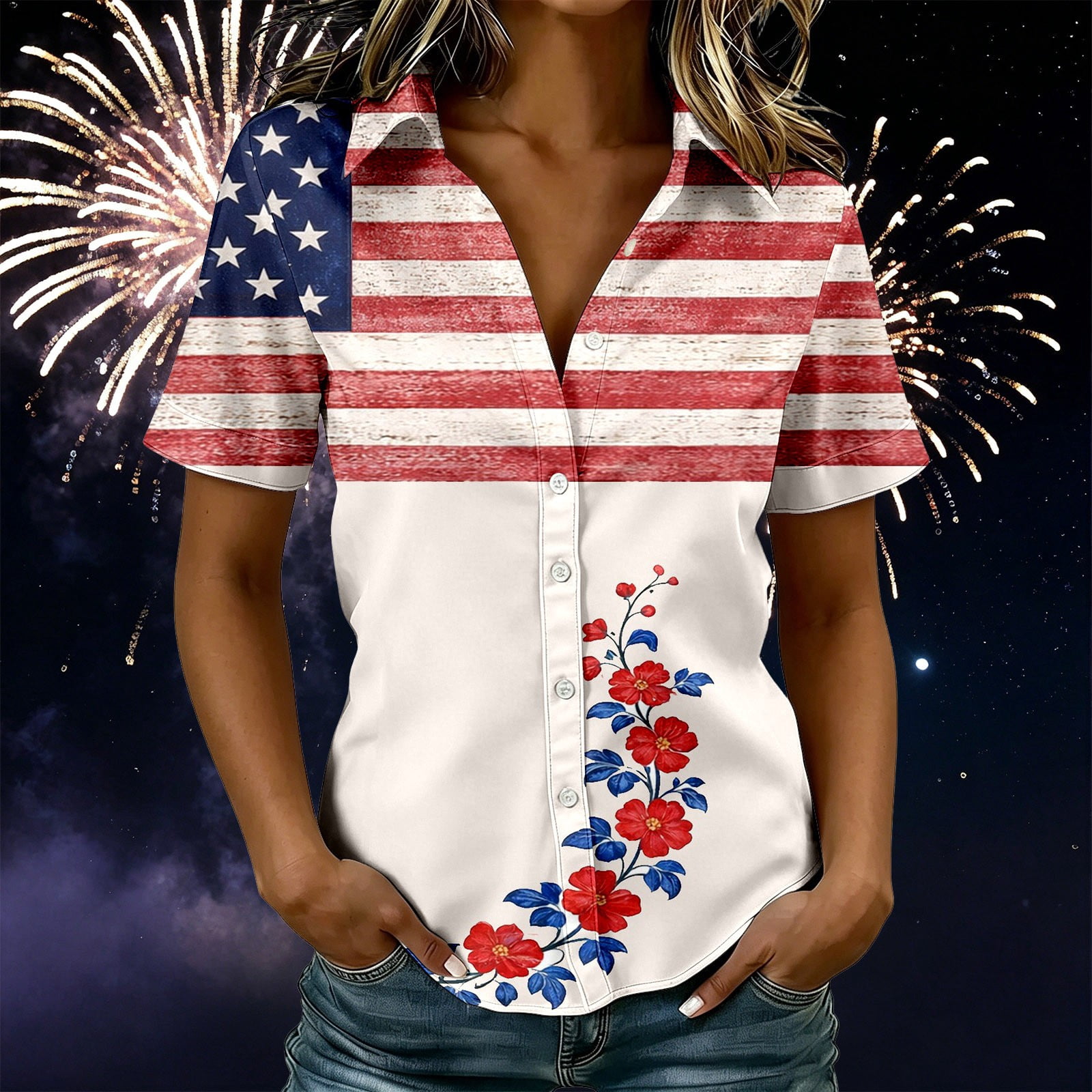 Conairie Women 4th of July Shirts American Flag Print Short Sleeve ...