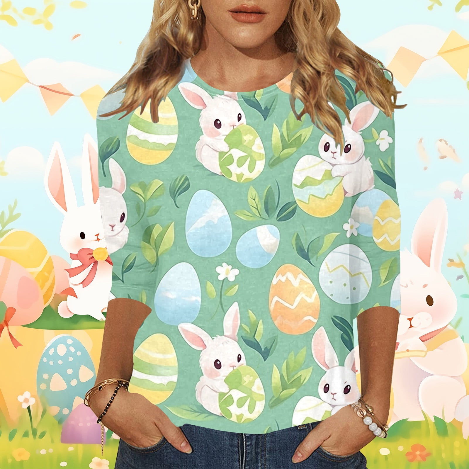 Conairie Women Easter Day Shirts Rabbit Graphic Crew Neck 3/4 Sleeve T ...